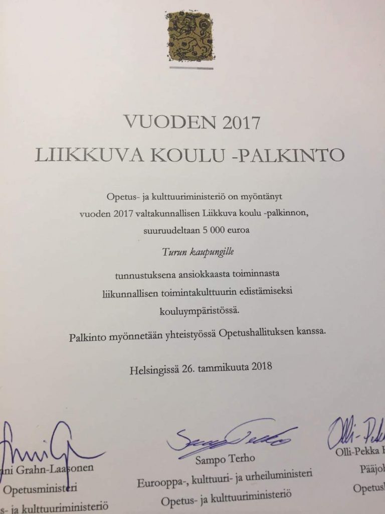 Liikkuva koulu -palkinto Turkuun – PoTkuri