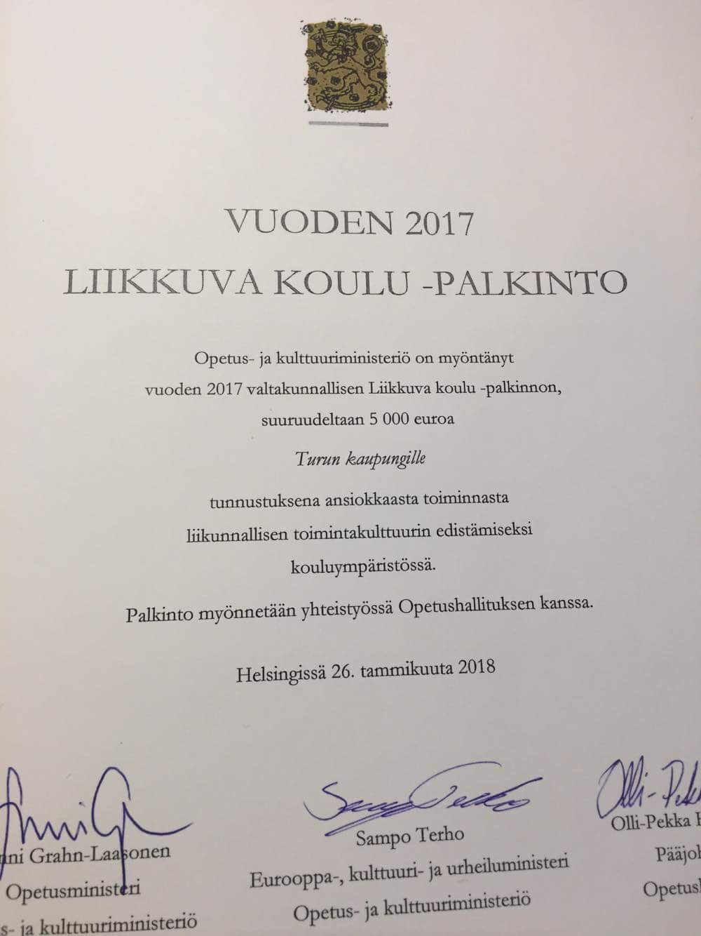 Liikkuva koulu -palkinto Turkuun – PoTkuri